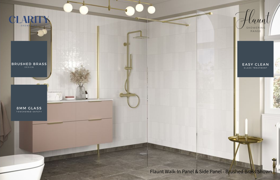 Clarity Showering - Flaunt - 800mm Glass Side Panel & Side Support Bar ...