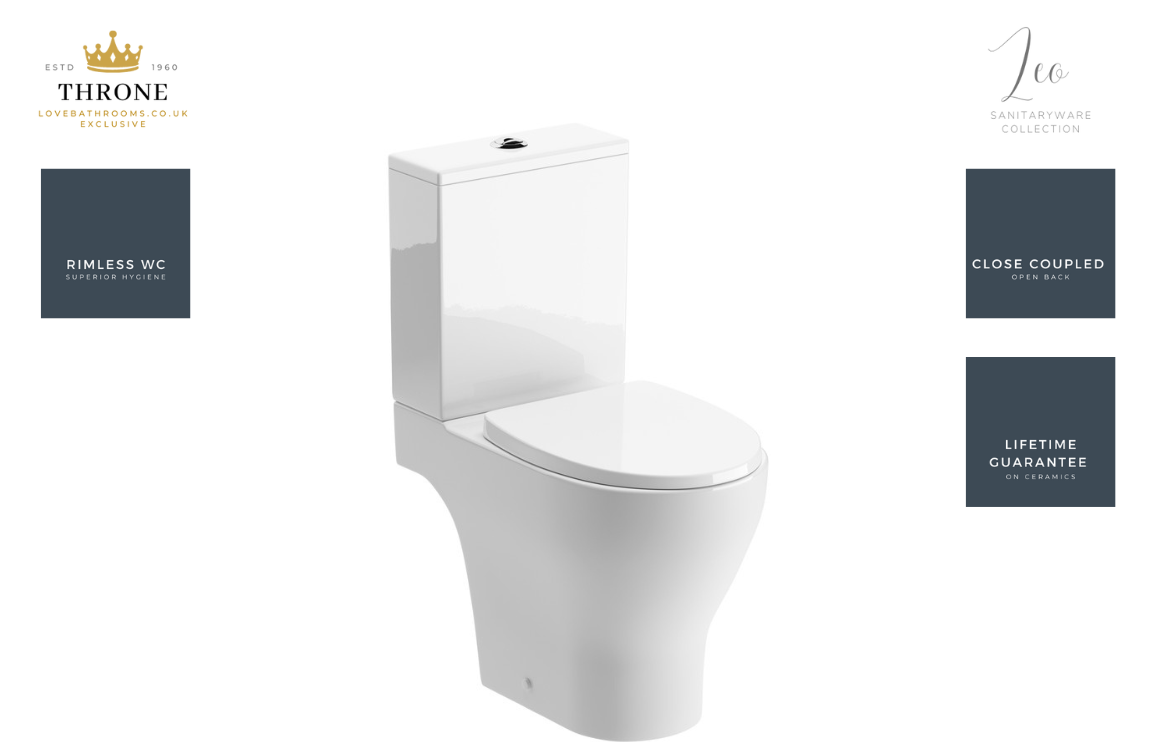 Throne - Leo - Rimless Close Coupled Open Back WC Toilet & Soft Close ...
